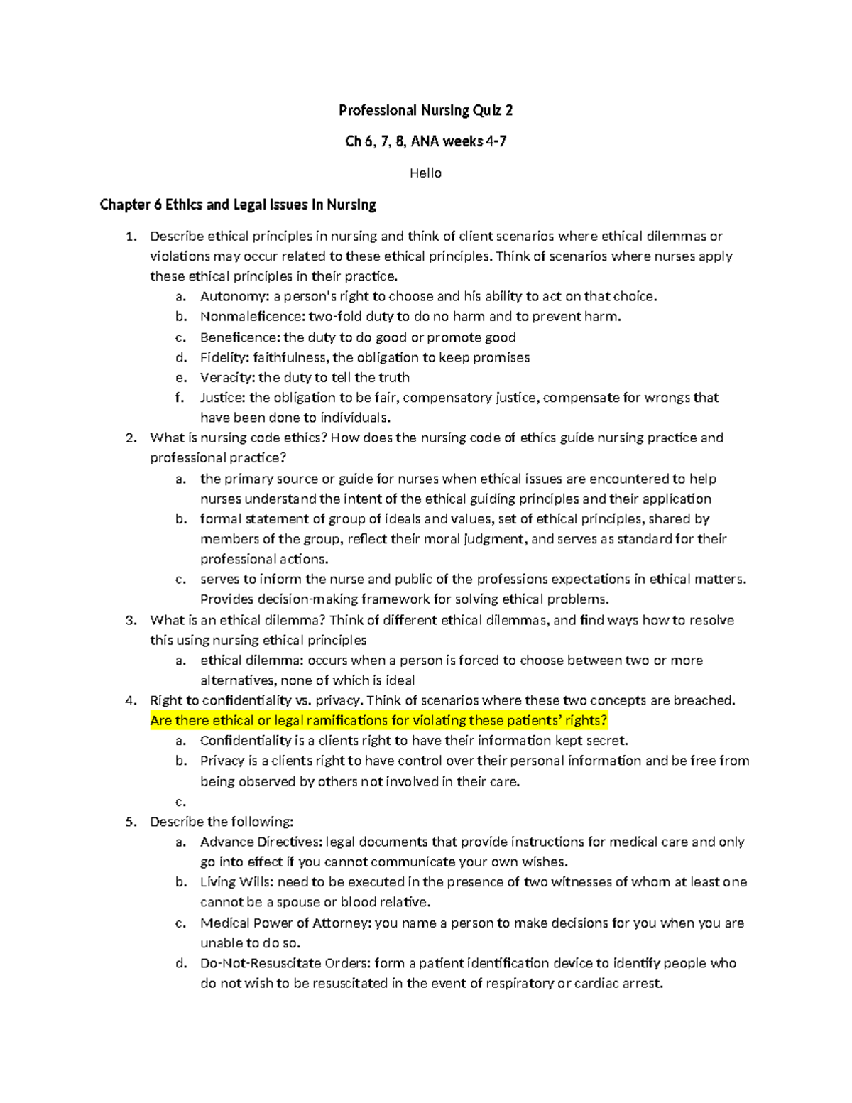 Professional Nursing Quiz 2 Review: Ethics & Legal Issues in Nursing ...