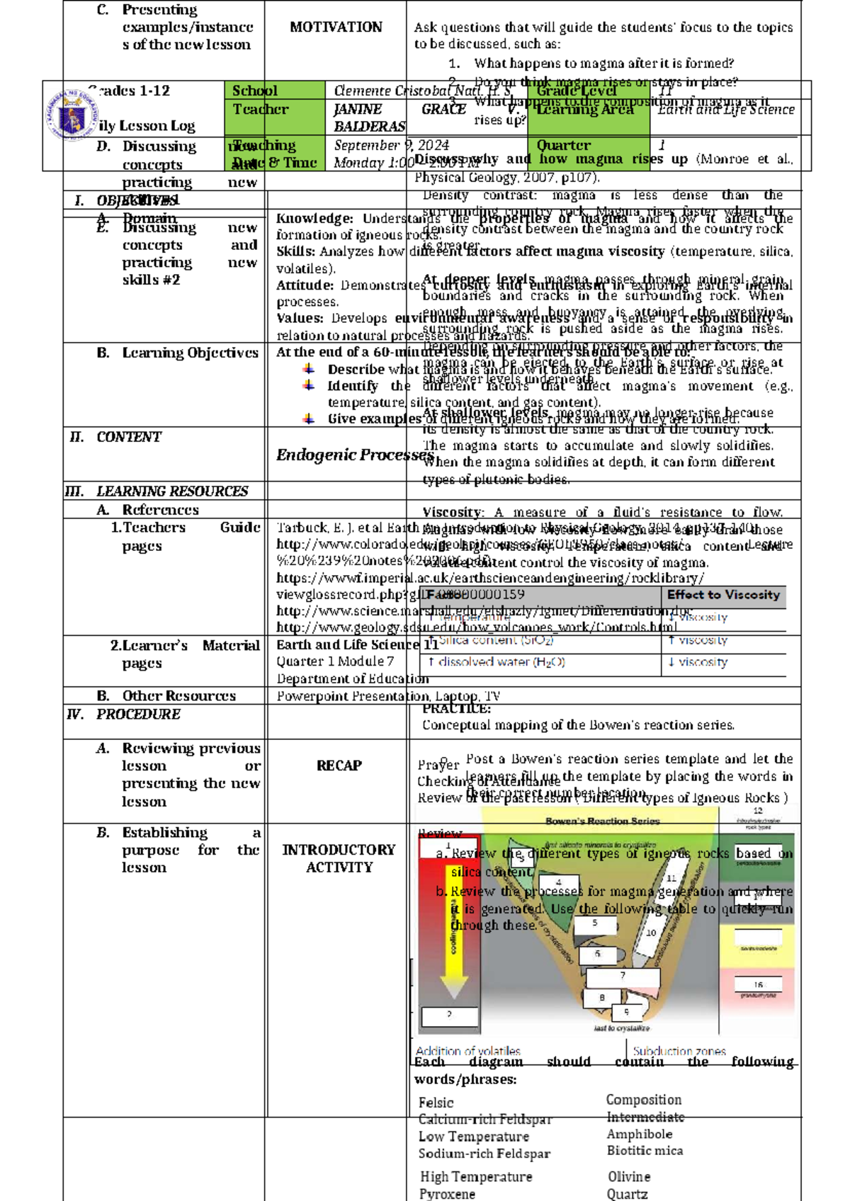 DLL ELS 11: Daily Lesson Plan on Magma and Igneous Rocks - Studocu