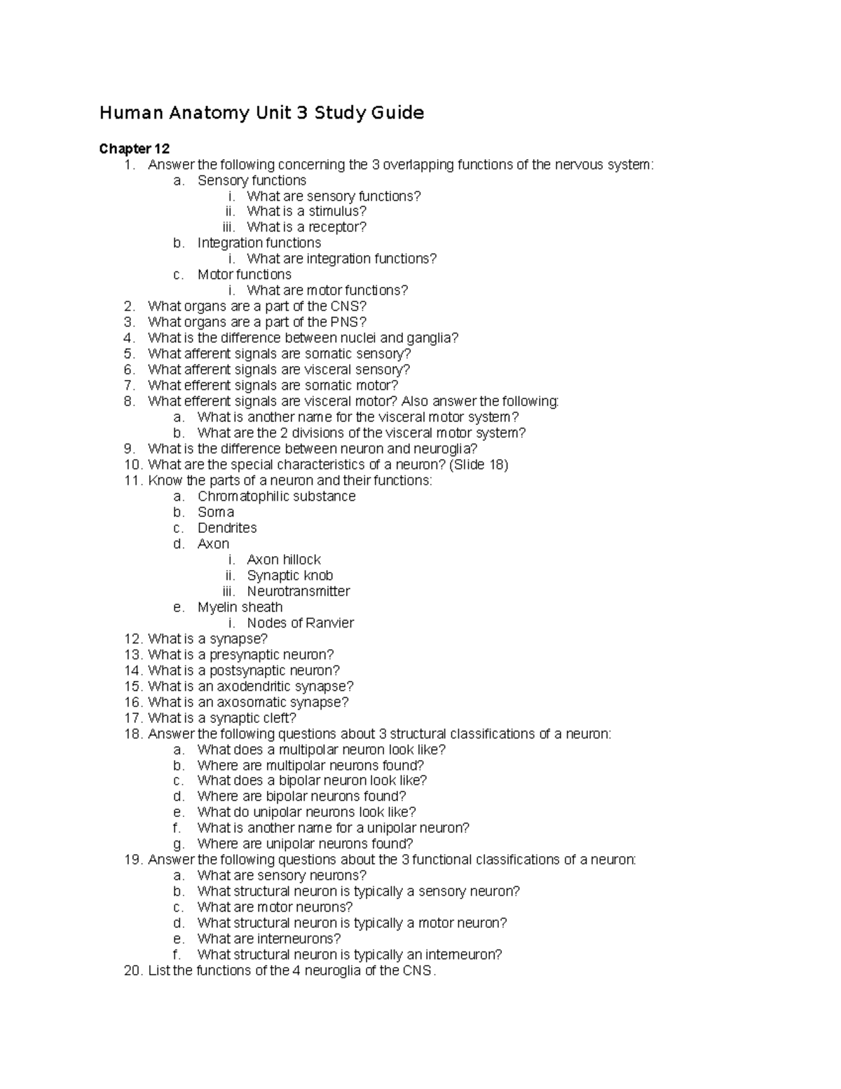 Human Anatomy Unit 3 Study Guide: Nervous System Overview - Studocu