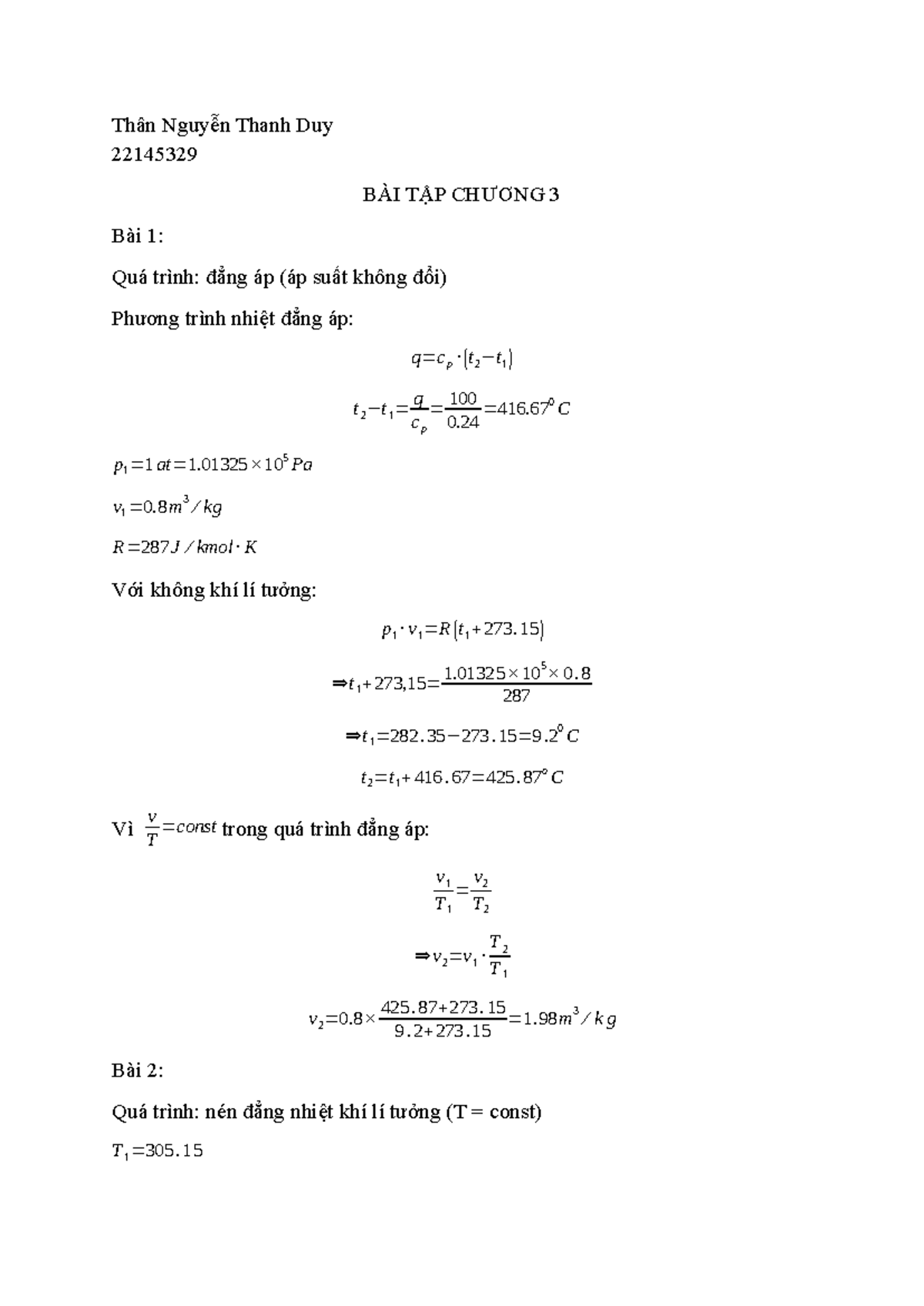 BÀI TẬP CHƯƠNG 3: Quá Trình Đẳng Áp và Đẳng Nhiệt - KTN C03 - Studocu