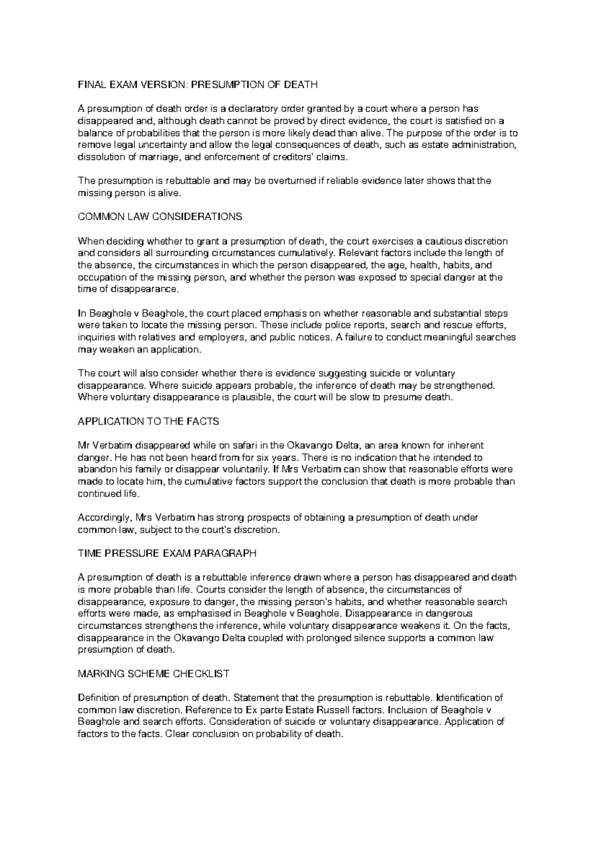 FINAL EXAM: PRESUMPTION OF DEATH ANALYSIS AND APPLICATION - Studocu