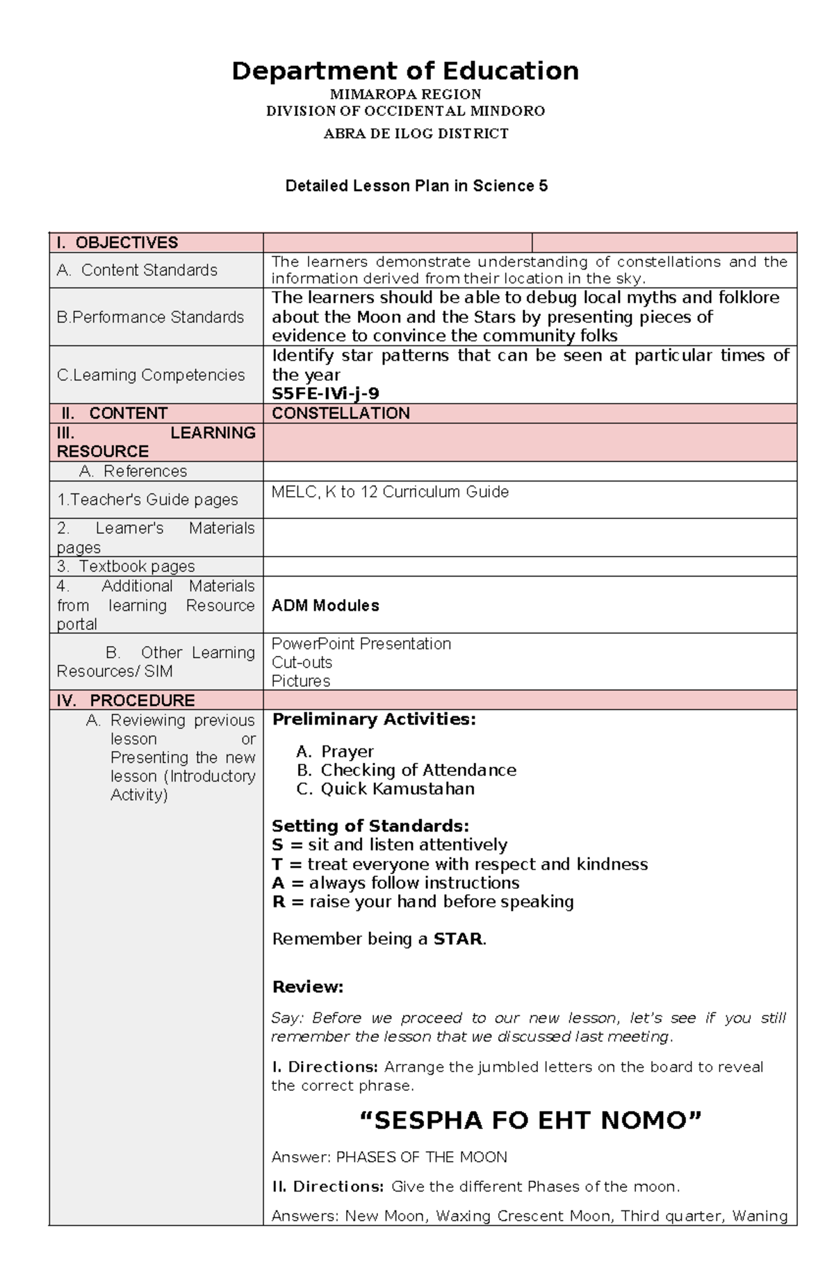 DLP Science 5: Detailed Lesson Plan on Constellations and Stars - Studocu