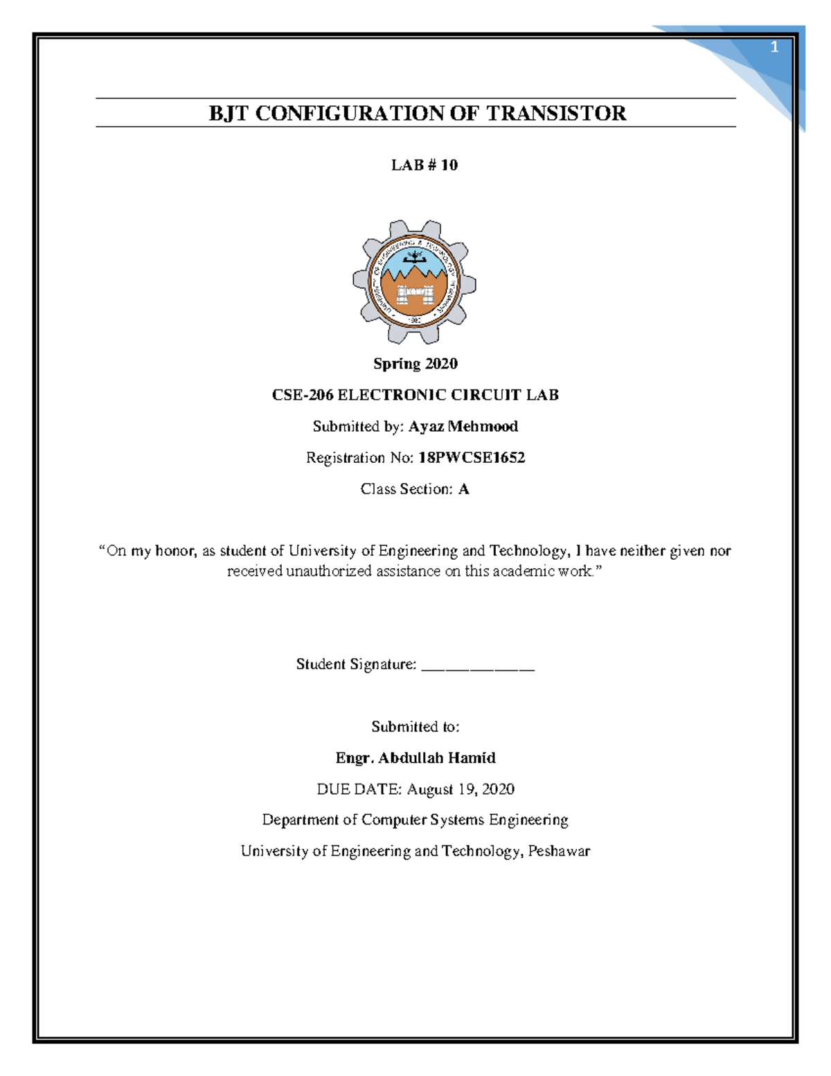 CSE-206 Lab 10 Report: BJT Configuration and Operational Modes - Studocu