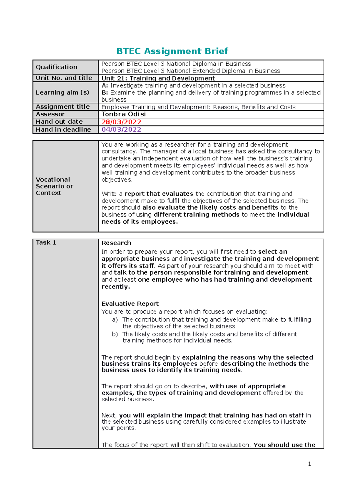 Unit 21 - Assignment 1: Evaluating Employee Training & Development ...