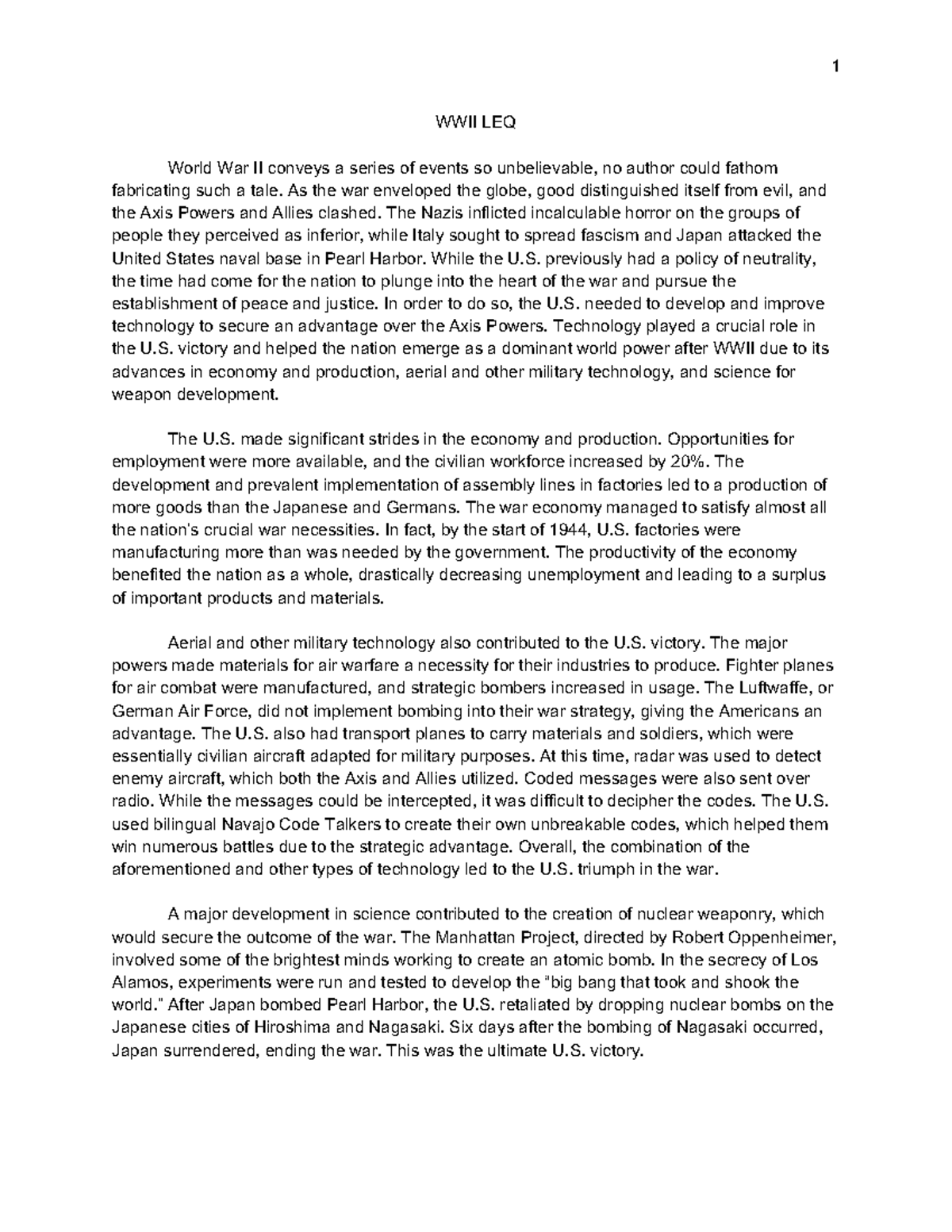 WWII LEQ - Example WWII LEQ, Mrs. Casserly, APUSH - 1 WWII LEQ World ...