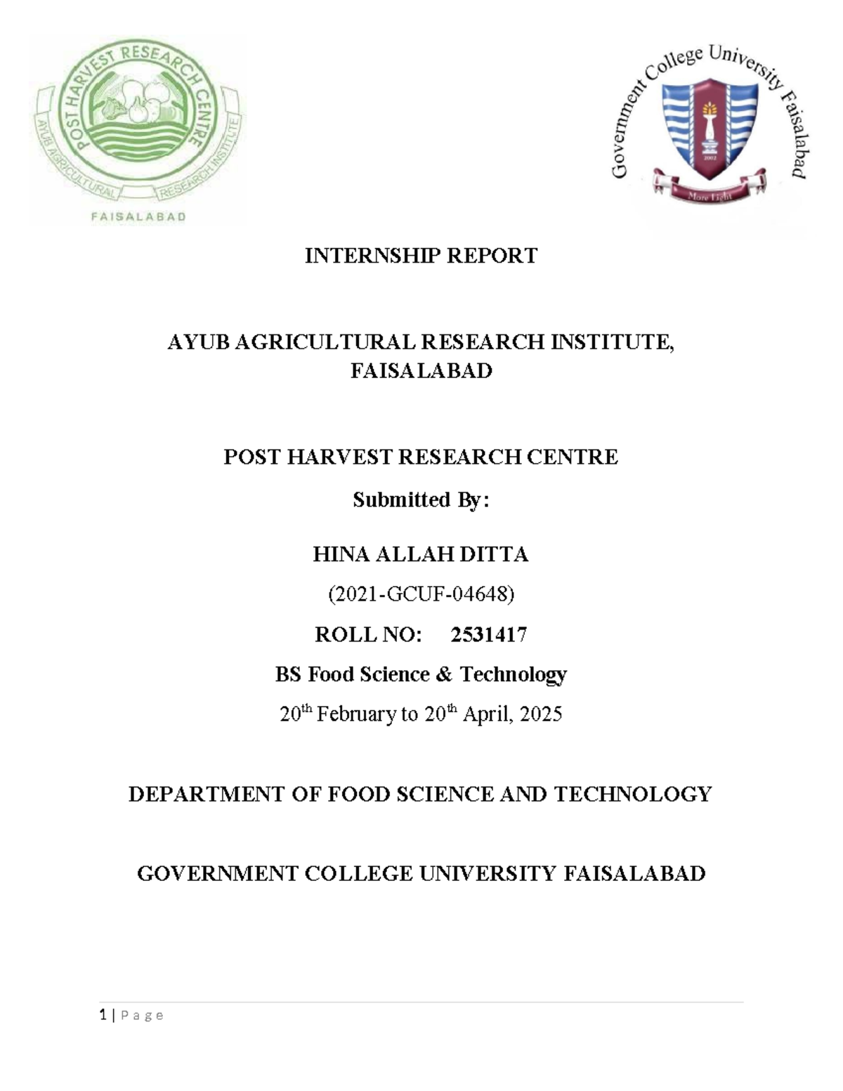 Internship Report: BS Food Science & Technology at AARI Faisalabad ...