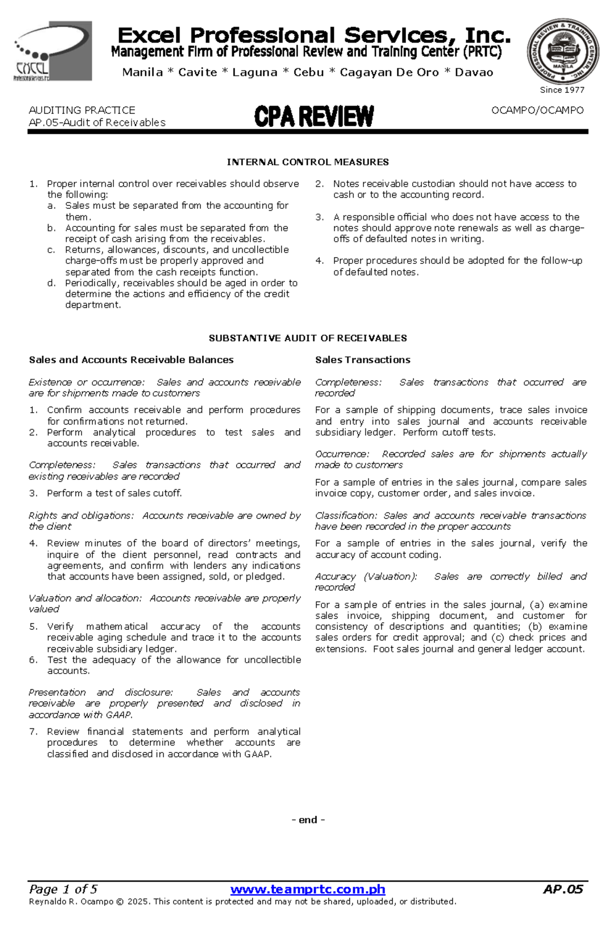 AP.05 Auditing Practice: Internal Control & Receivables Analysis - Studocu