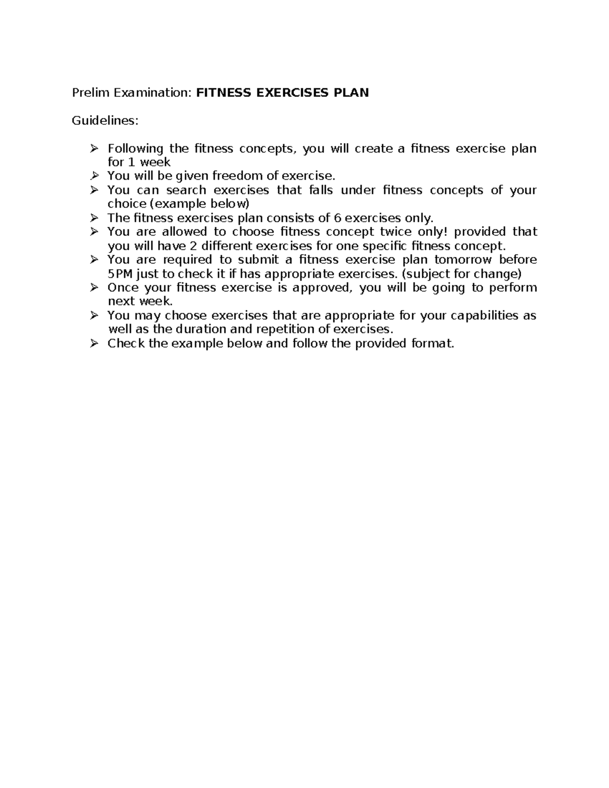 FIT 101 Prelim Examination: 1-Week Fitness Exercise Plan - Studocu