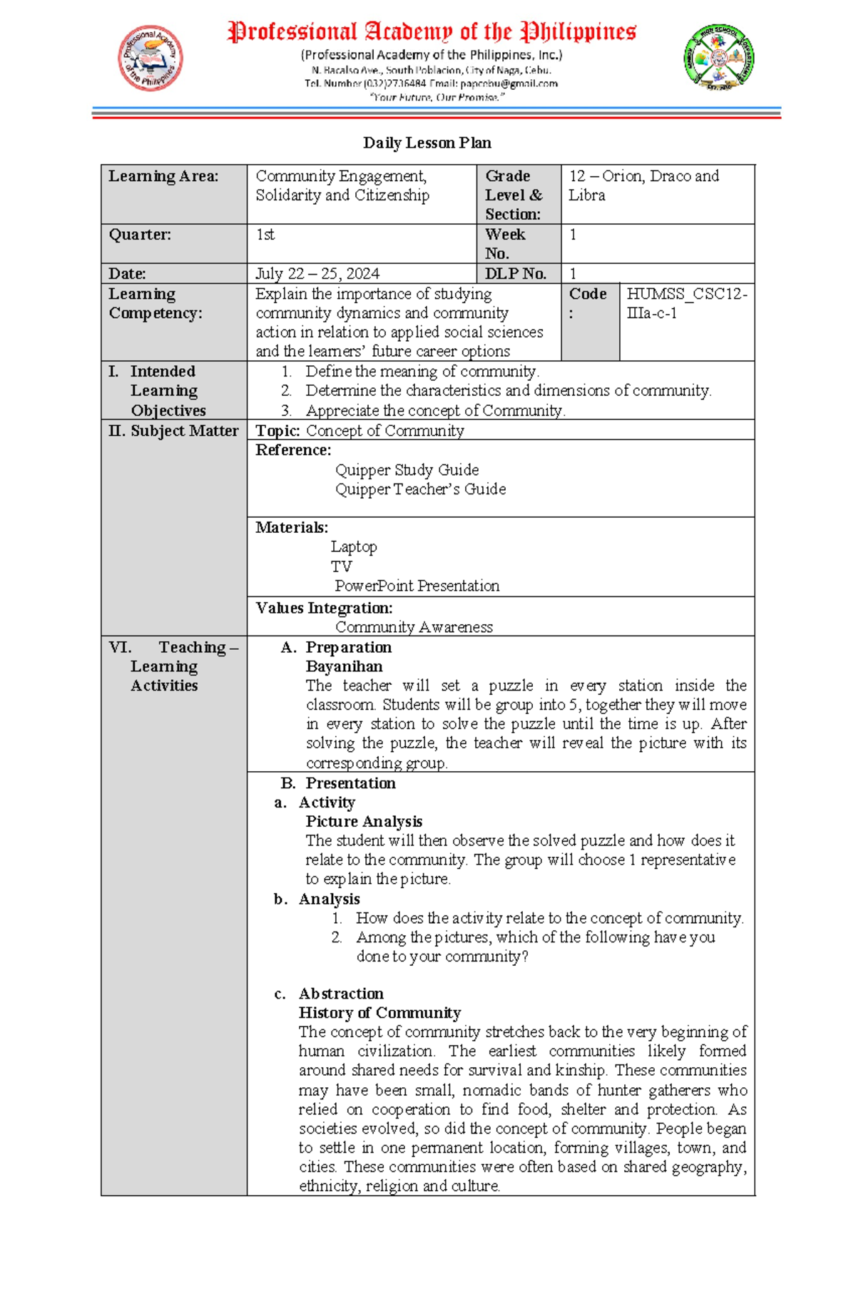 DLP No. 1 - CSC - SHS Lesson Plan: Exploring Community Dynamics ...