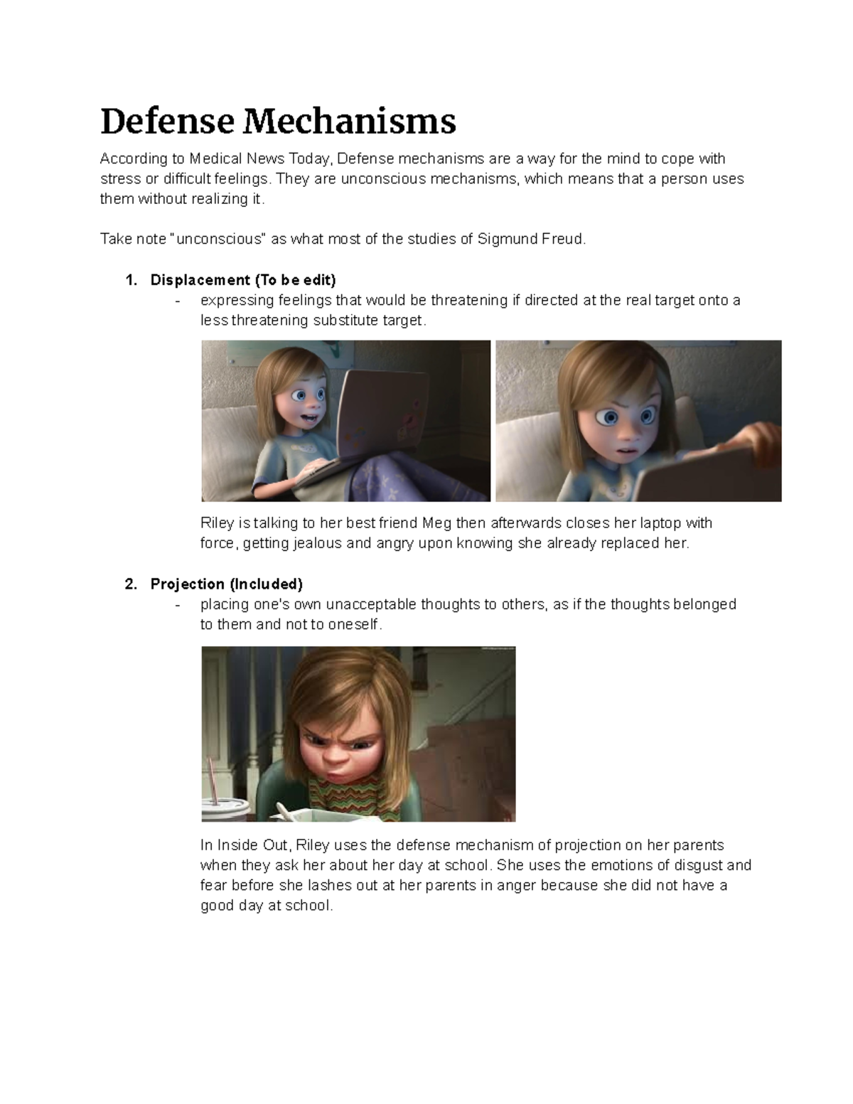 Inside OUT - Defense Mechanism - Defense Mechanisms According to ...