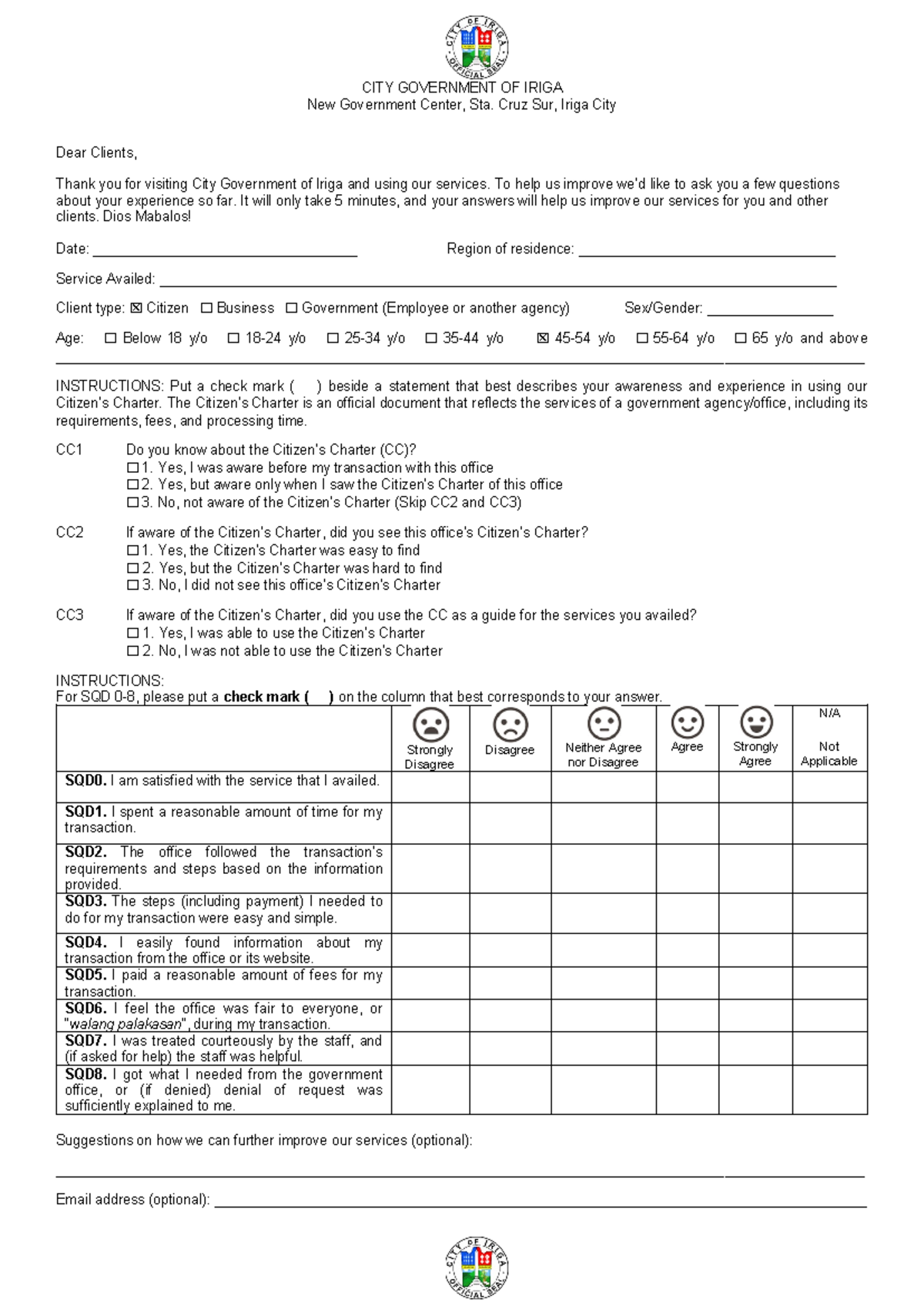 Client's Feedback form - CITY GOVERNMENT OF IRIGA New Government Center ...