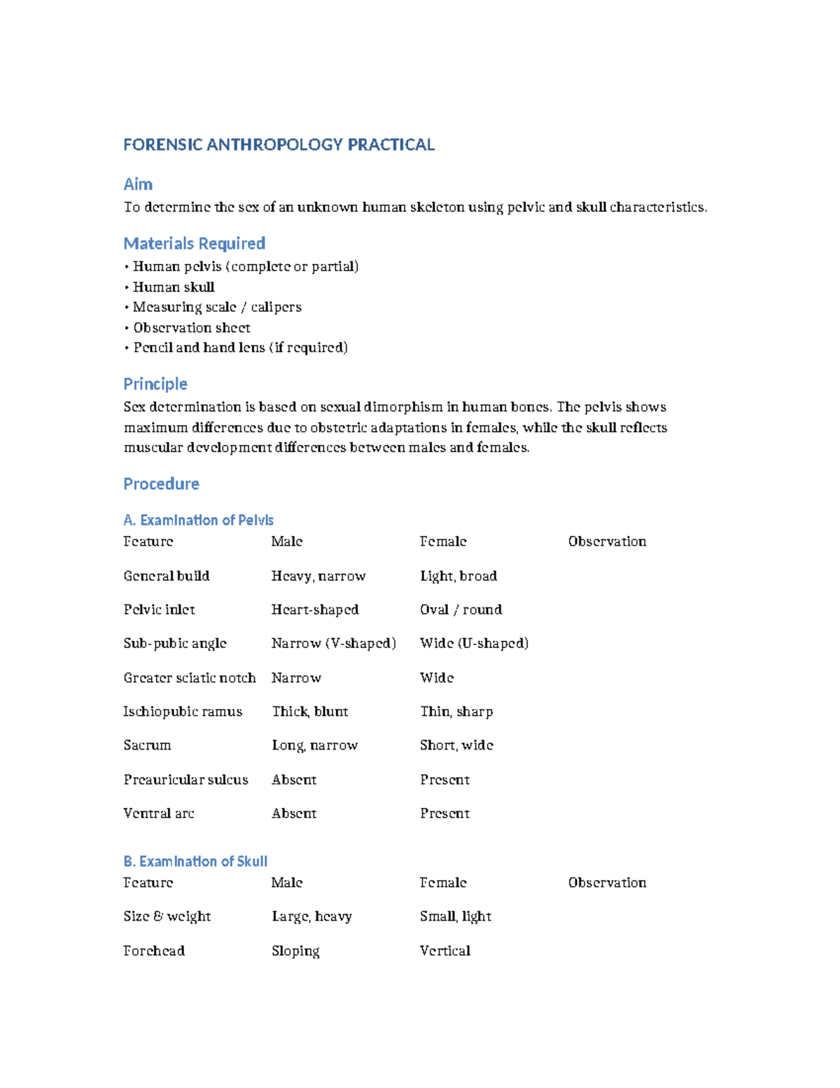 Identification of Sex from Pelvis and Skull Practical (FOR 101) - Studocu