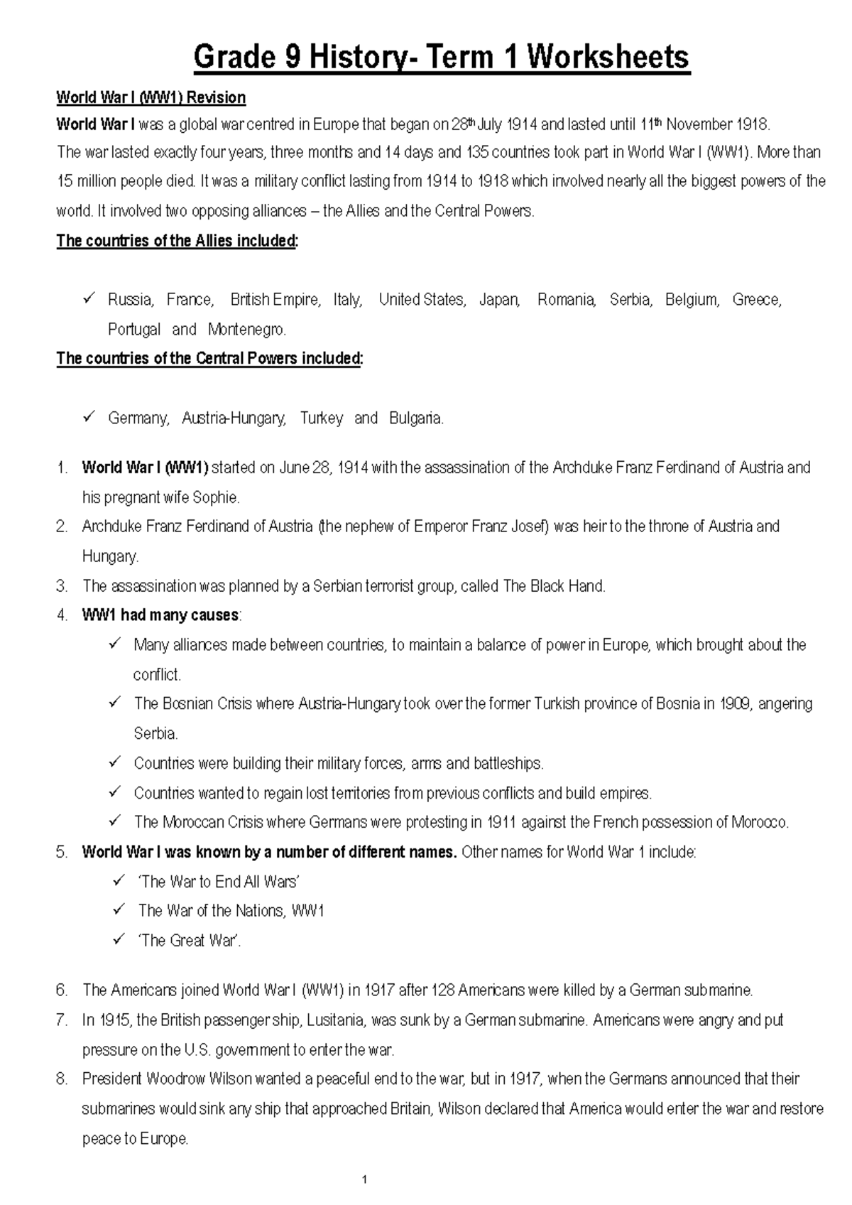 Gr. 9 H Term 1 Worksheets: World War I (WW1) Revision Notes - Studocu