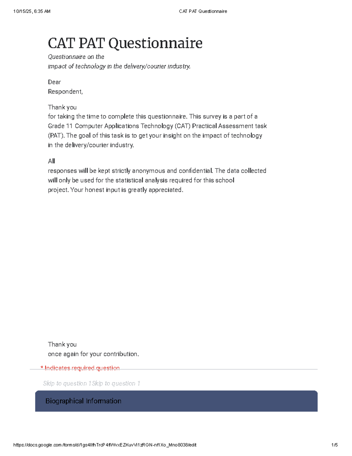 Grade 11 CAT PAT Questionnaire on Tech Impact in Industry - Studocu