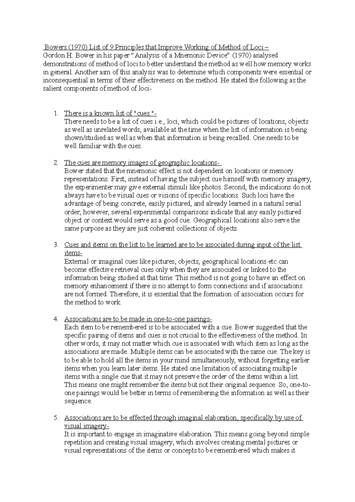 Bower's 9 Principles of the Method of Loci: A Summary - Studocu