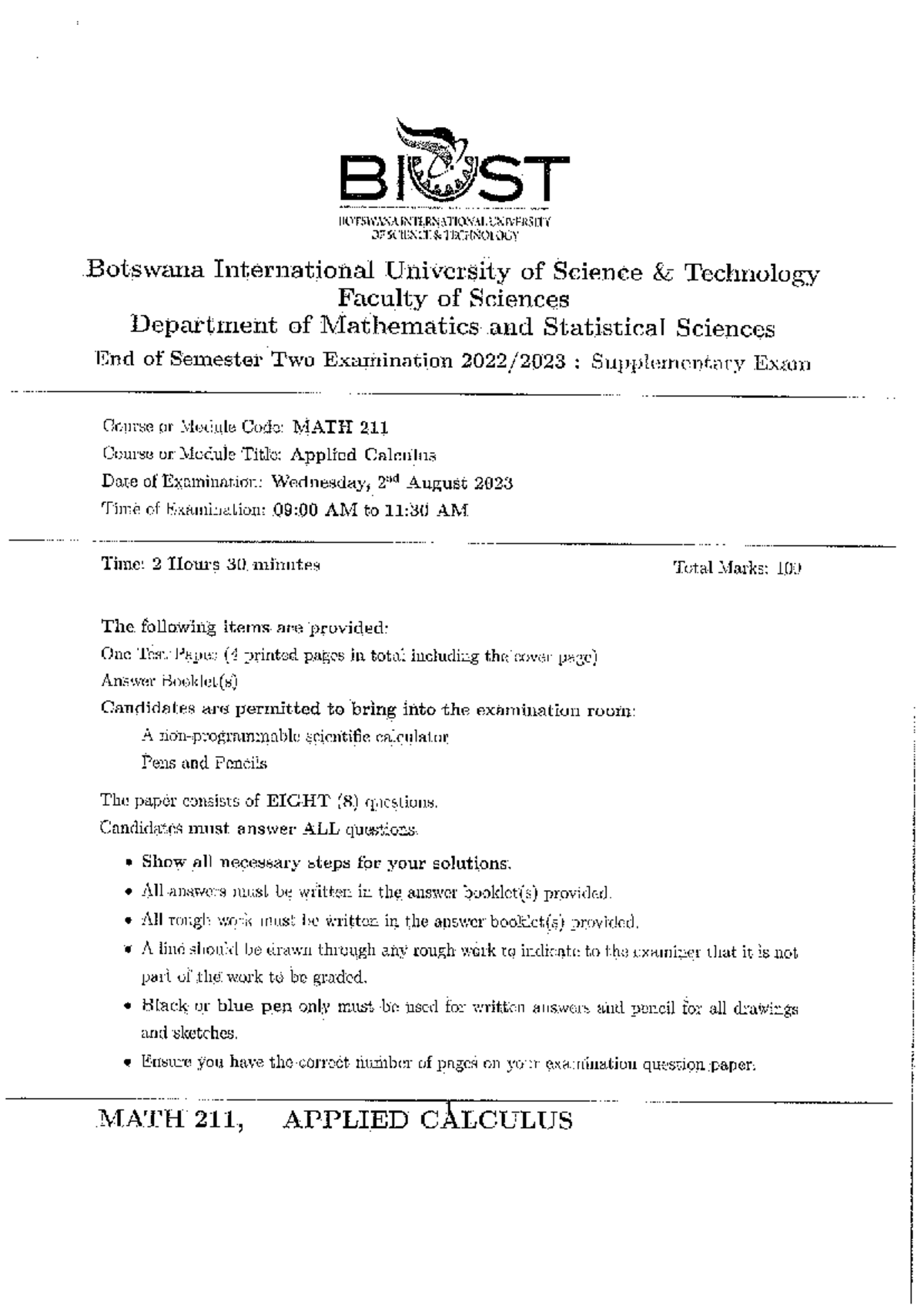 MATH 211 End of Semester Supplementary Exam: Applied Calculus - Studocu