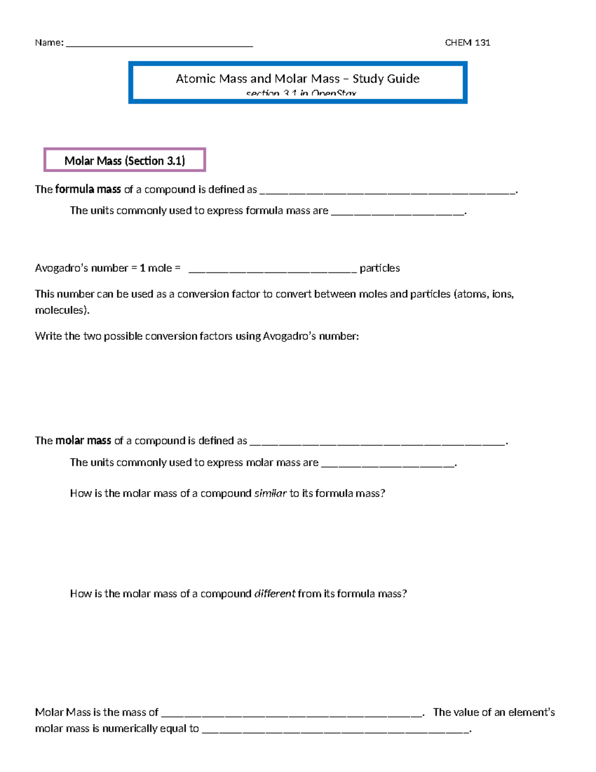 CHEM 131 CH3 Atomic and Molar Mass Final Study Guide - Studeersnel