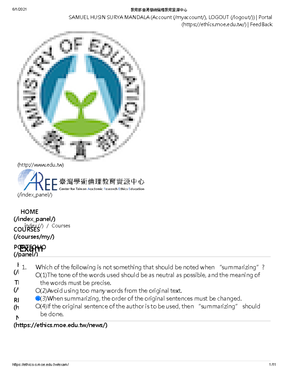 教育部臺灣學術倫理教育資源中心1 - ETHICS EXAMINATION QUESTIONER FOR TAIWAN STUDY ...