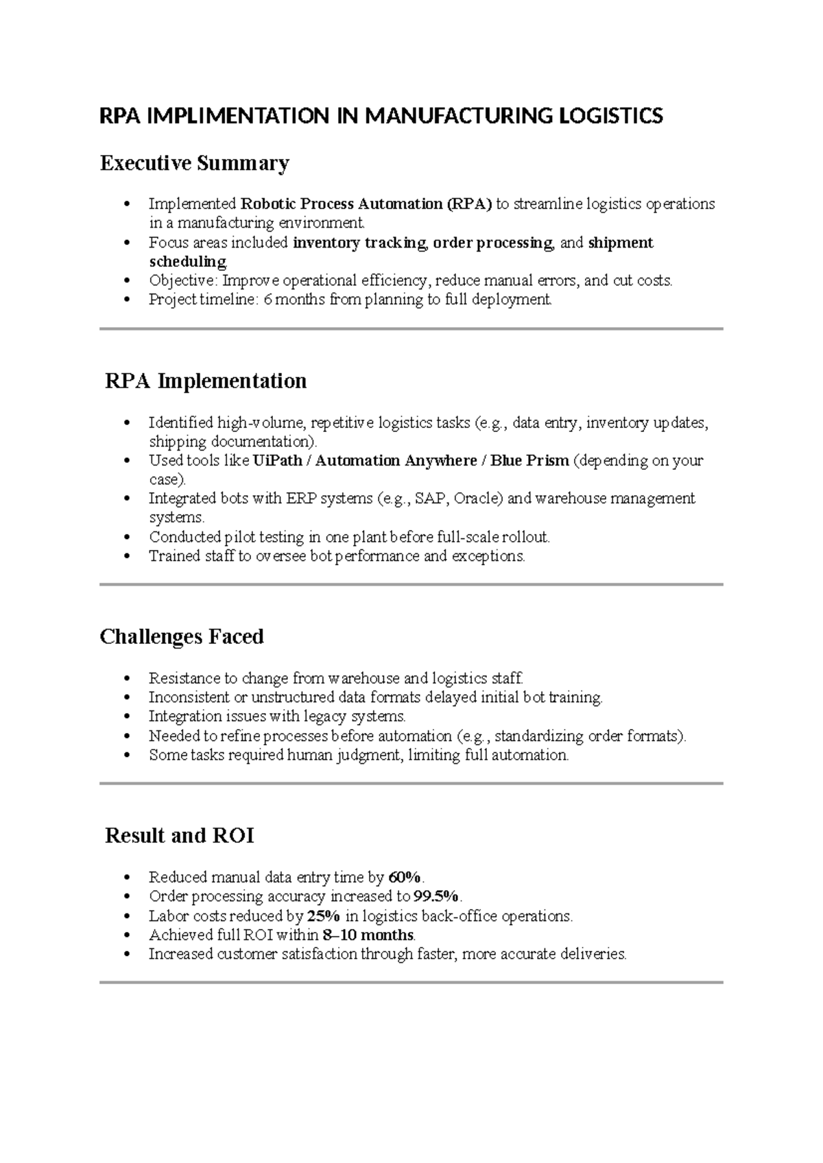 RPA Implementation in Manufacturing Logistics: Executive Summary - Studocu