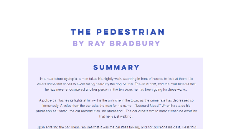 THE PEDESTRIAN (RAY BRADBURY) SUMMARY & THEMES ANALYSIS - Studocu
