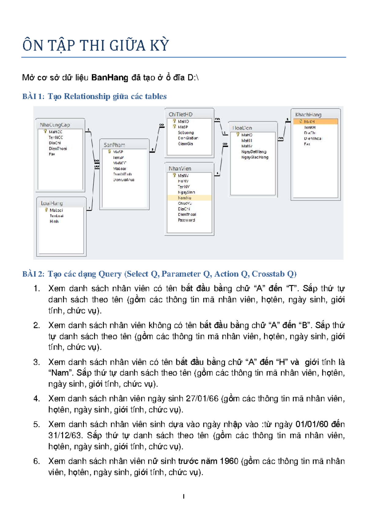 ÔN TẬP THI GIỮA KỲ - Cơ sở dữ liệu và Query trong BanHang - Studocu