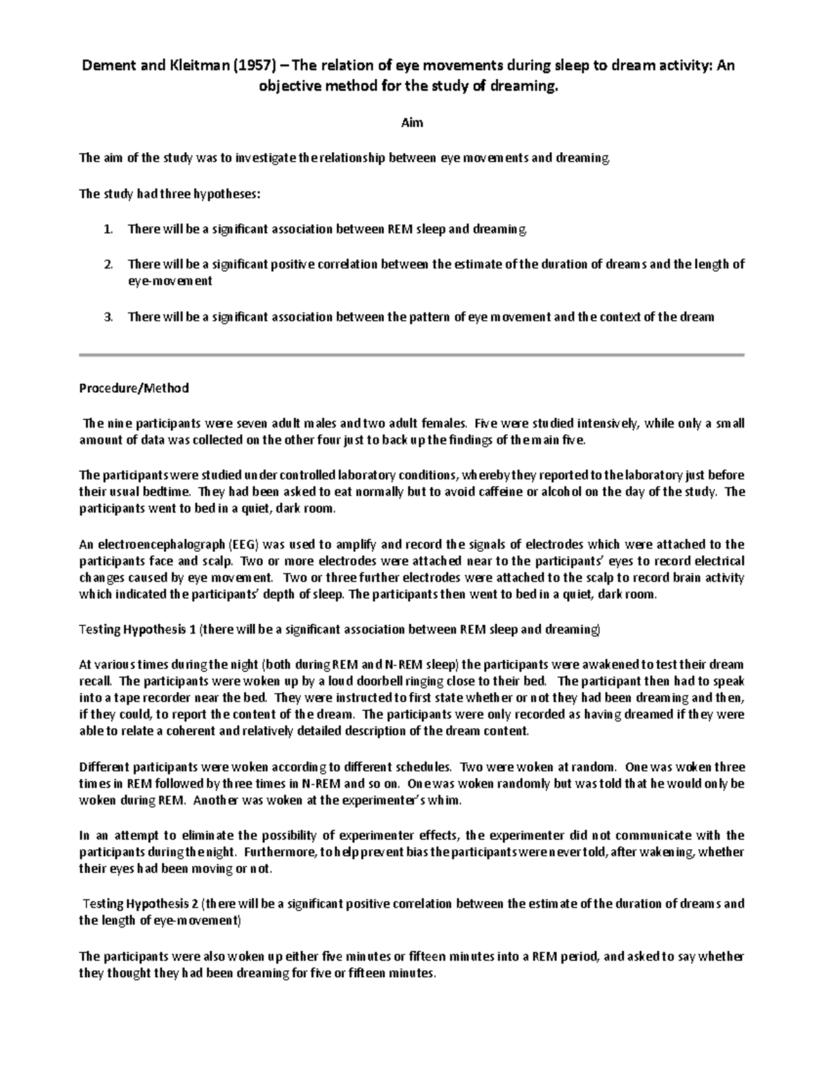 Dement & Kleitman (1957) Study: Eye Movements and Dreaming Activity ...