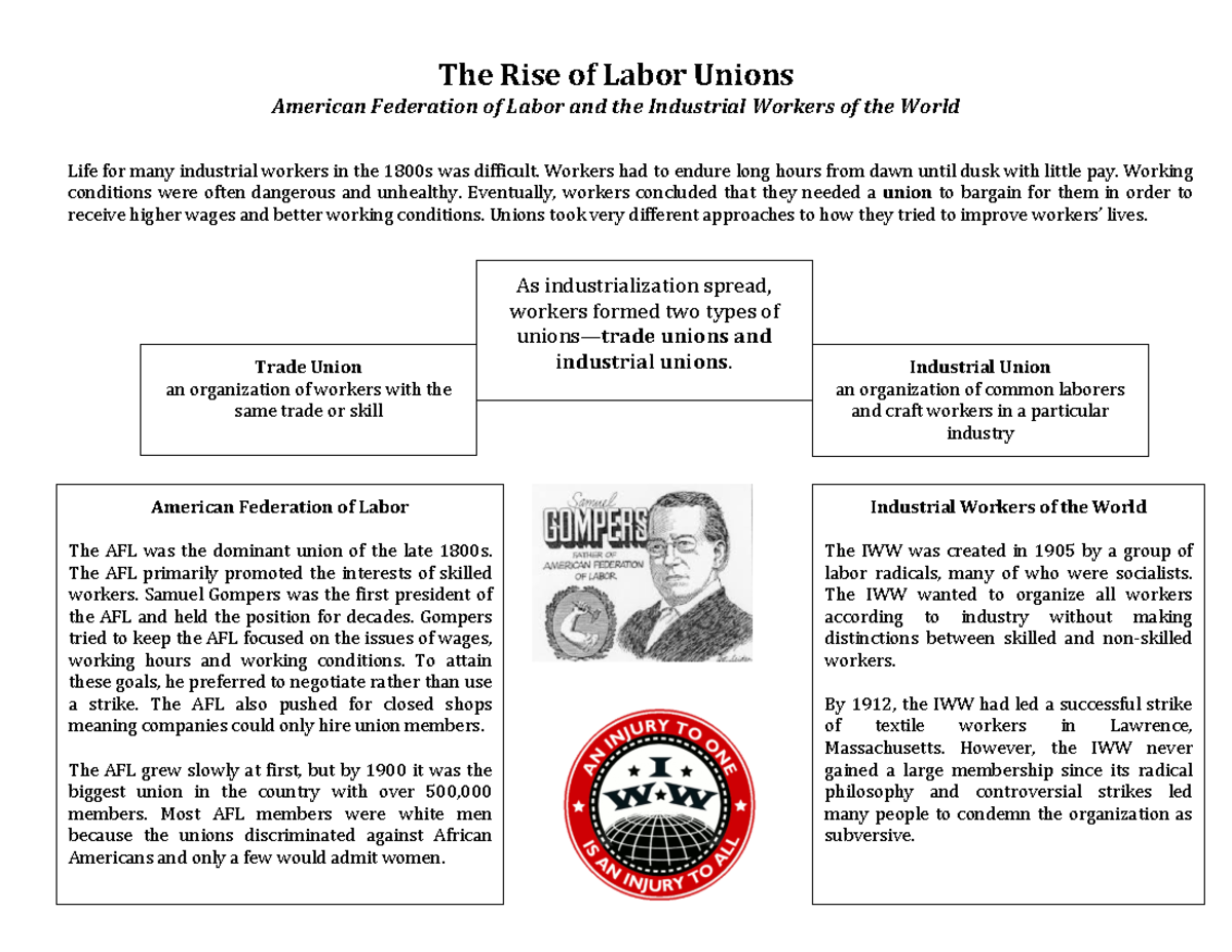 The Rise of Labor Unions Activity - The Rise of Labor Unions American ...