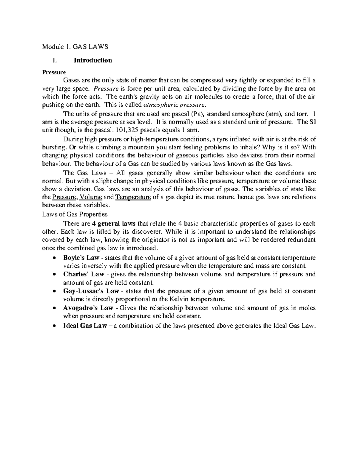 Module 1: Understanding Gas Laws - Lecture Notes and Problems - Studocu
