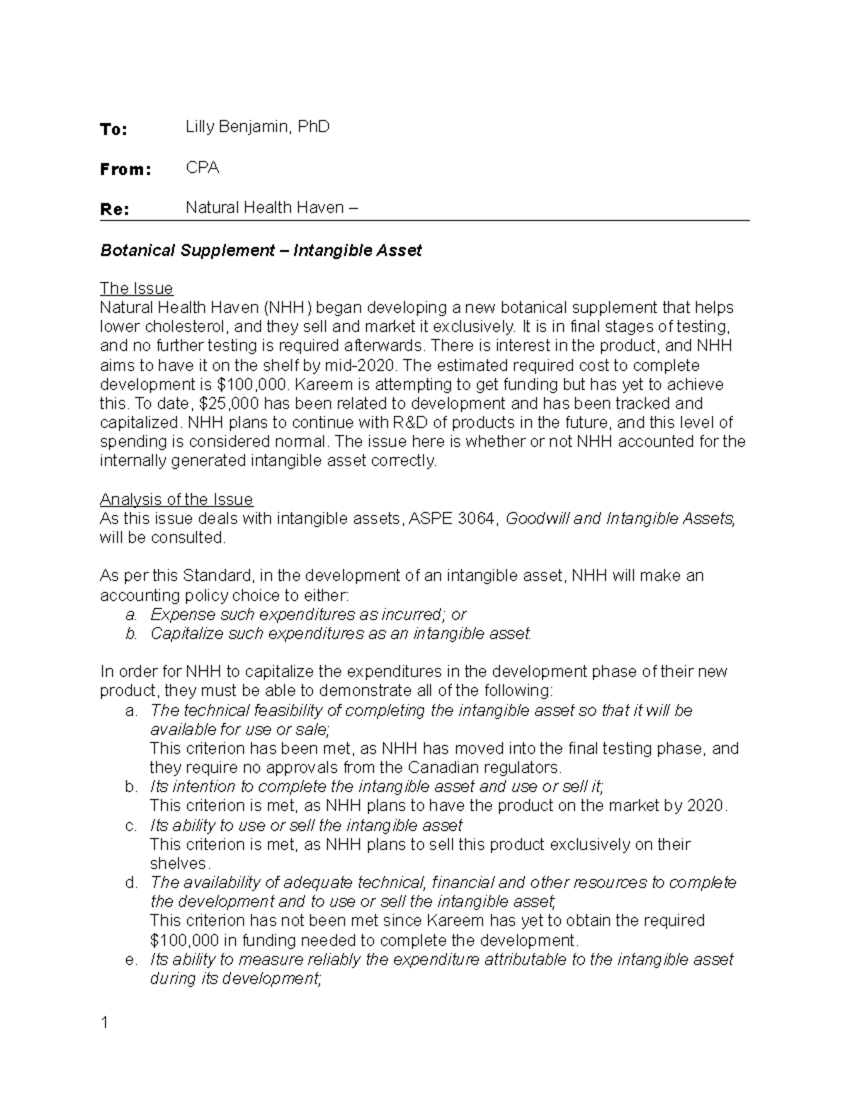 CPA core 1 accounting notes - To: Lilly Benjamin, PhD From: CPA Re ...