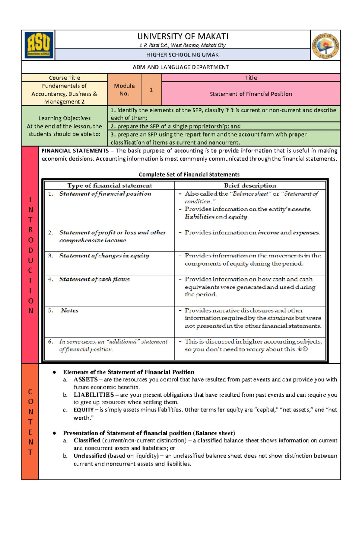 FABM2 Module 2.a Statement of Comprehensive Income - Statement of ...
