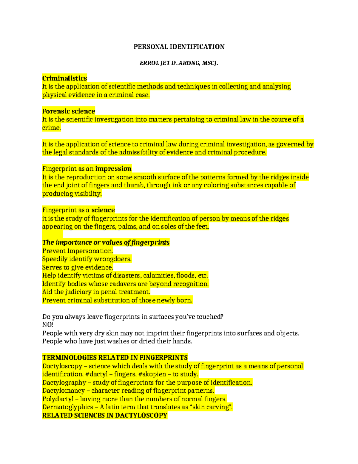 Personal Identification Notes 042151: A Study on Fingerprint Science ...