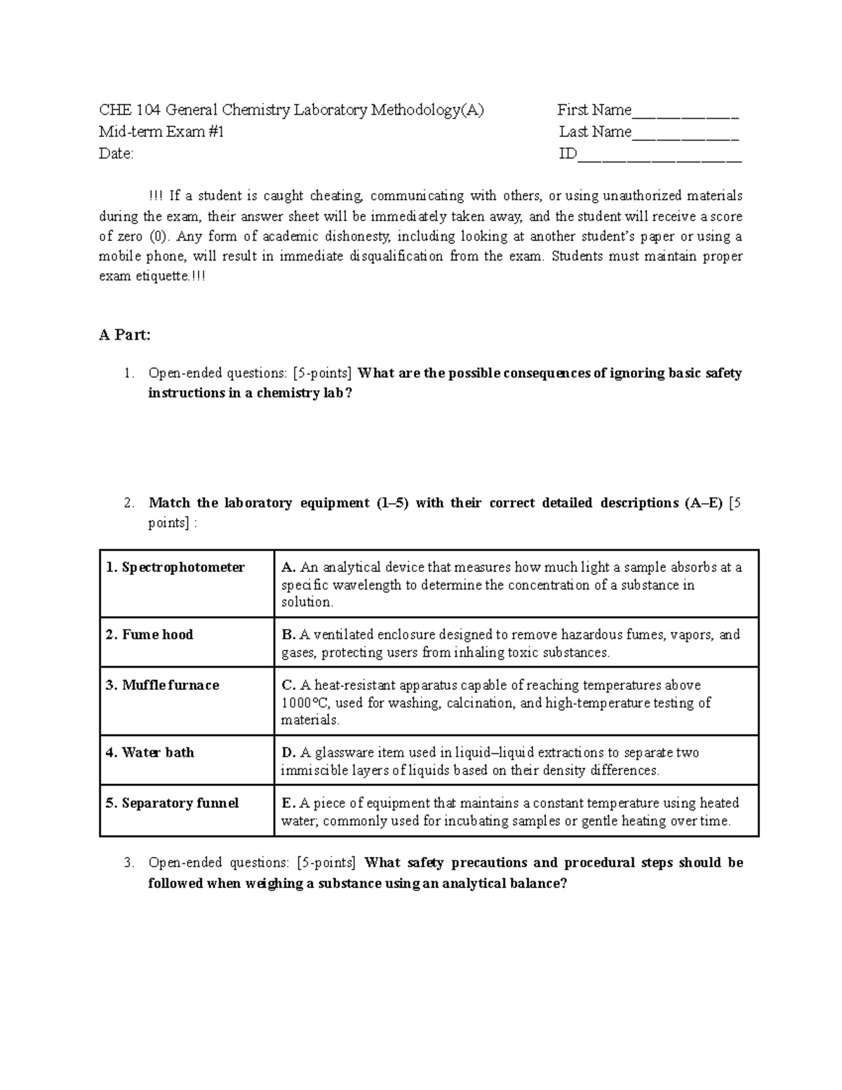 CHE 104 General Chemistry Lab Methodology (A) Quiz on Safety ...