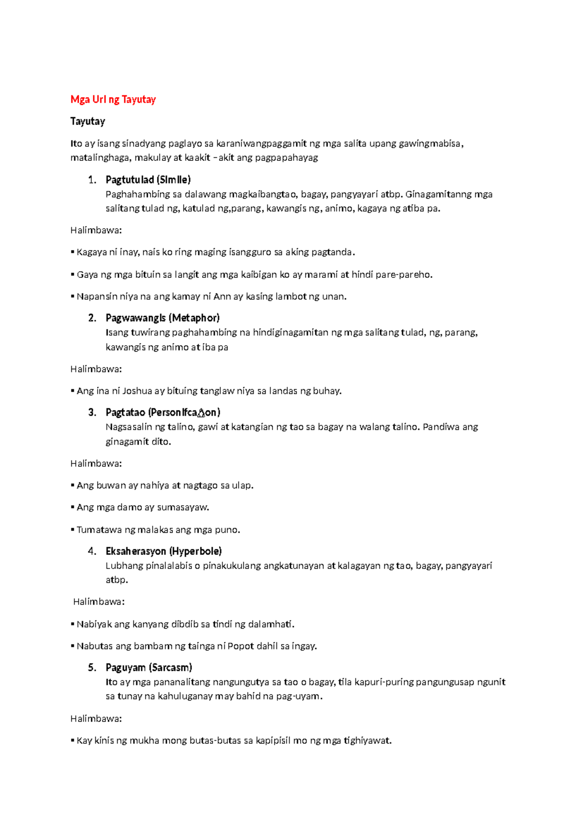 Mga Uri ng Tayutay at Pagsusuri sa mga Akda ng mga Manunulat - Studocu