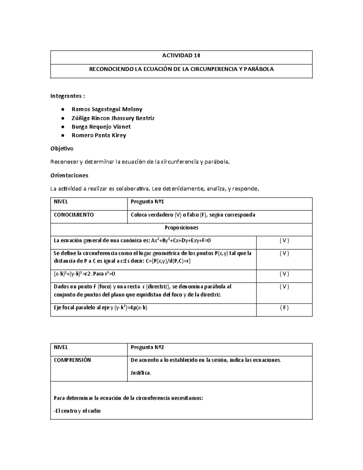 Actividad 10: Reconocimiento de Ecuaciones de Circunferencia y Parábola ...