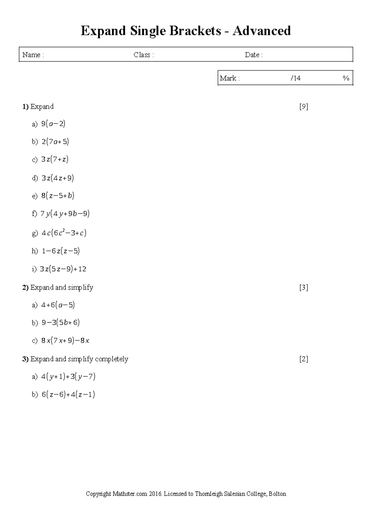 Expand Single Brackets - Advanced - Math 101 - 2 - Studocu