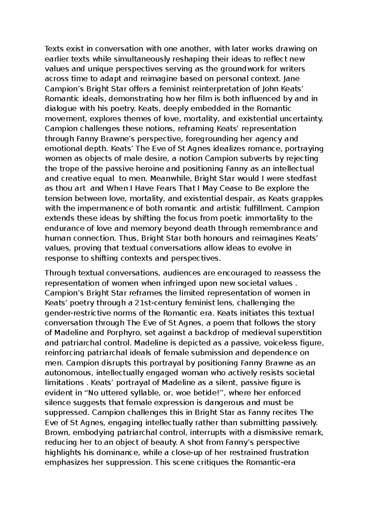 Bright Star Essay Draft 2: Feminist Reinterpretation of Keats' Romantic ...