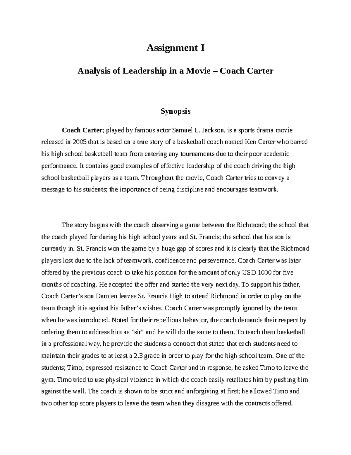 Leadership Analysis of Coach Carter in Sports Drama (ENG 101) - Studocu