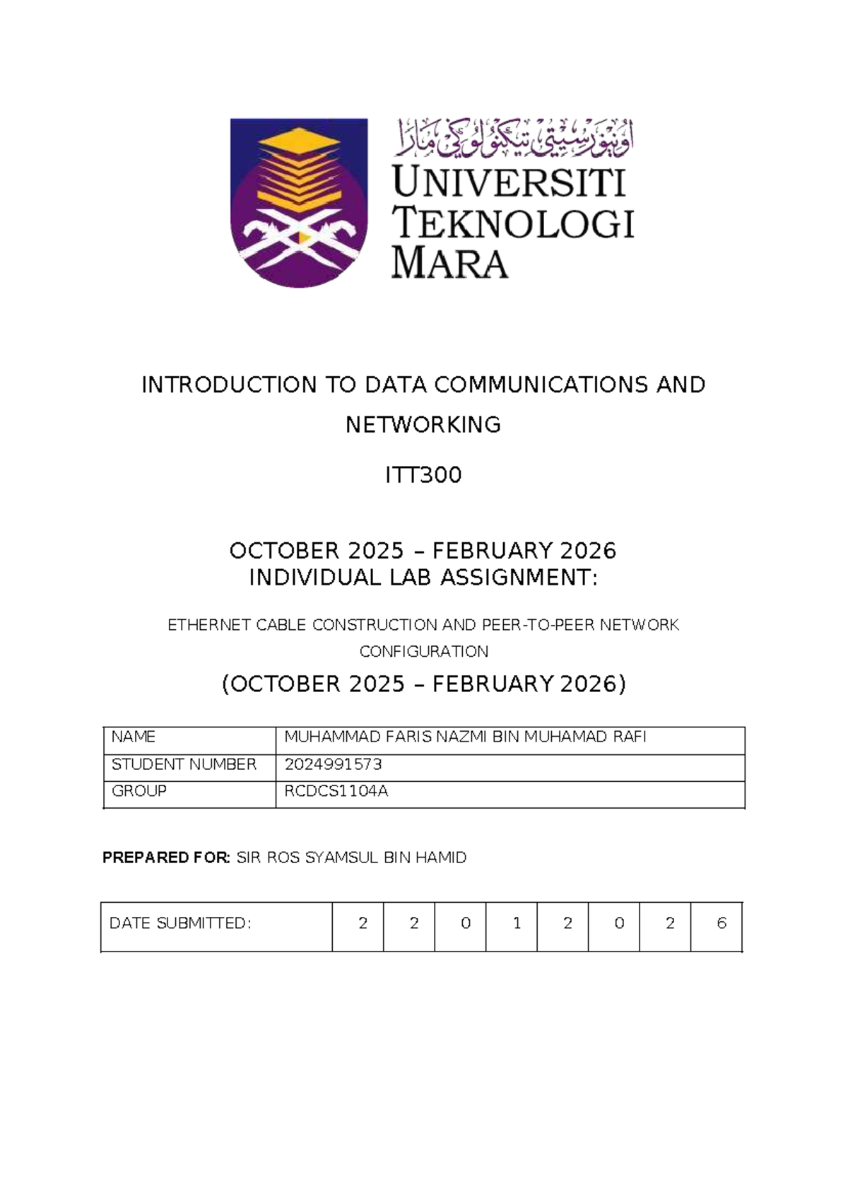 Individual Lab Assignment: Ethernet Cable & Network Config - ITT300 - Studocu