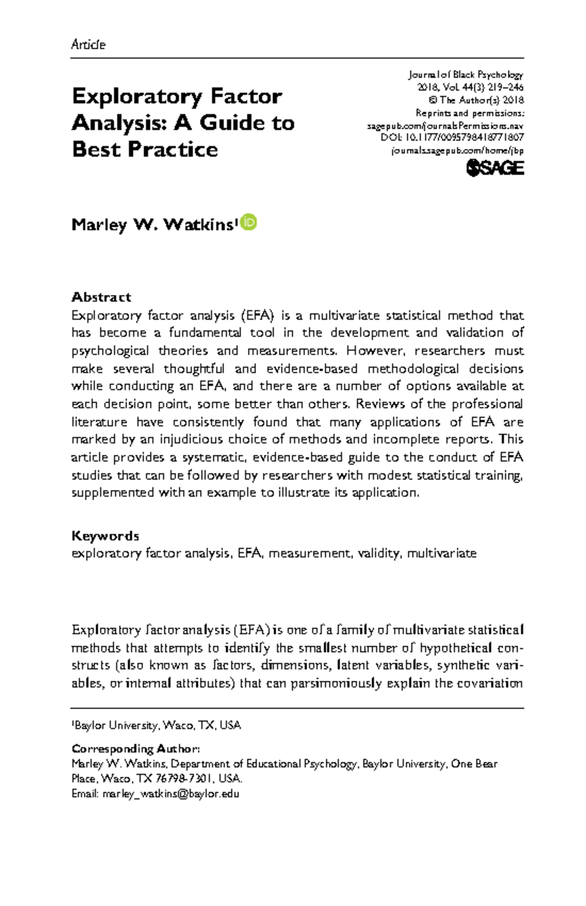 Exploratory Factor Analysis Best Practices: A Guide (771807) - Studocu