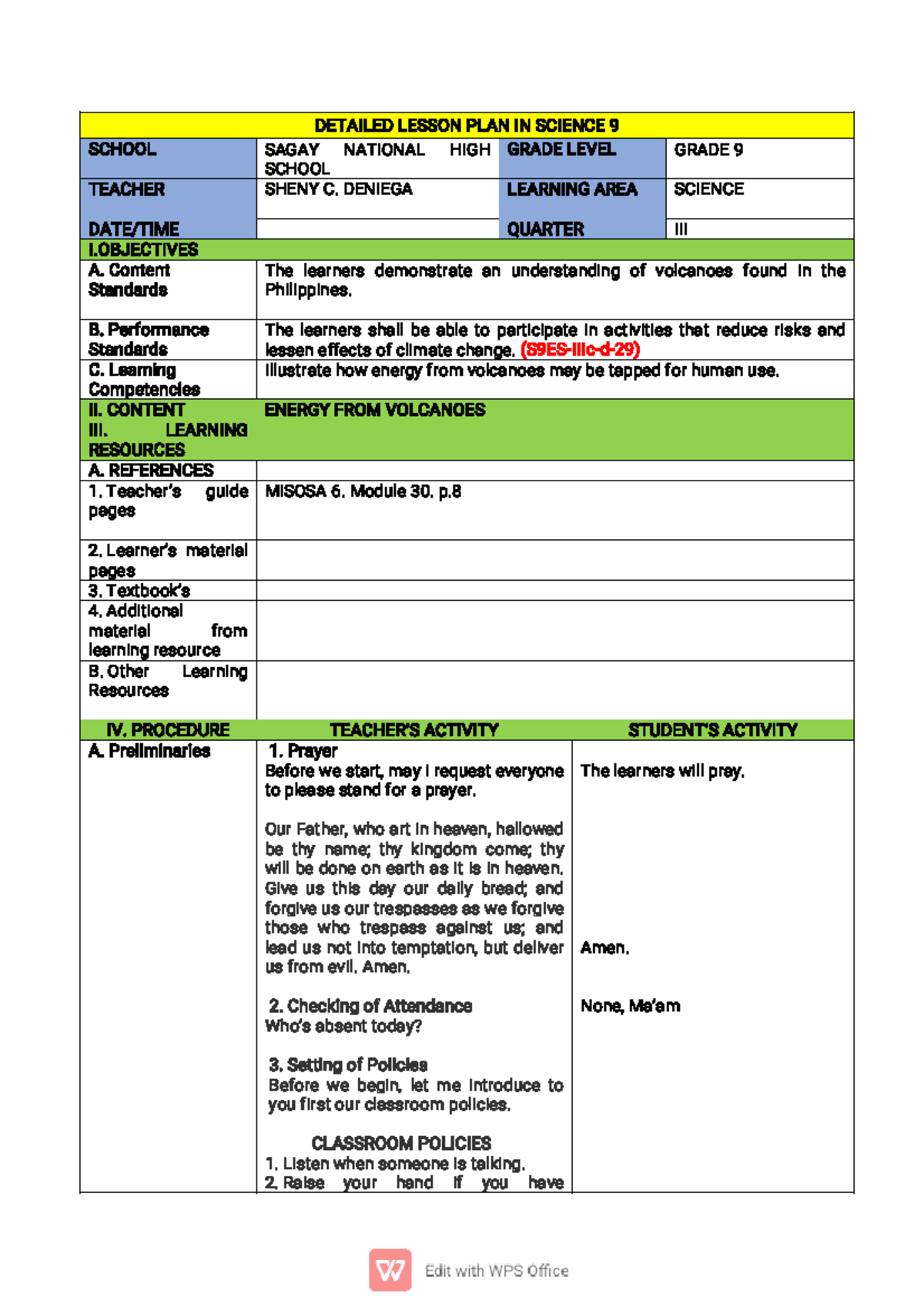 Detailed Lesson Plan on Geothermal Energy in Science 9 - Studocu