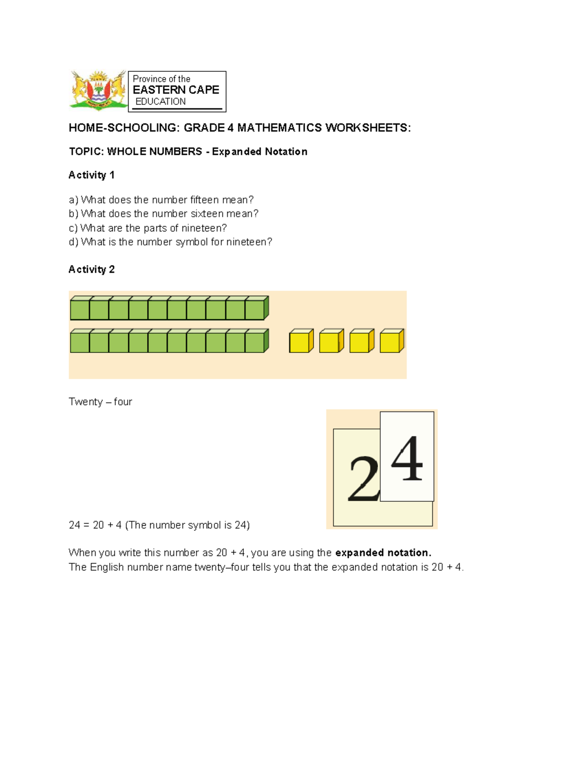 EASTERN CAPE GRADE 4 MATH WORKSHEETS: WHOLE NUMBERS Activities - Studocu