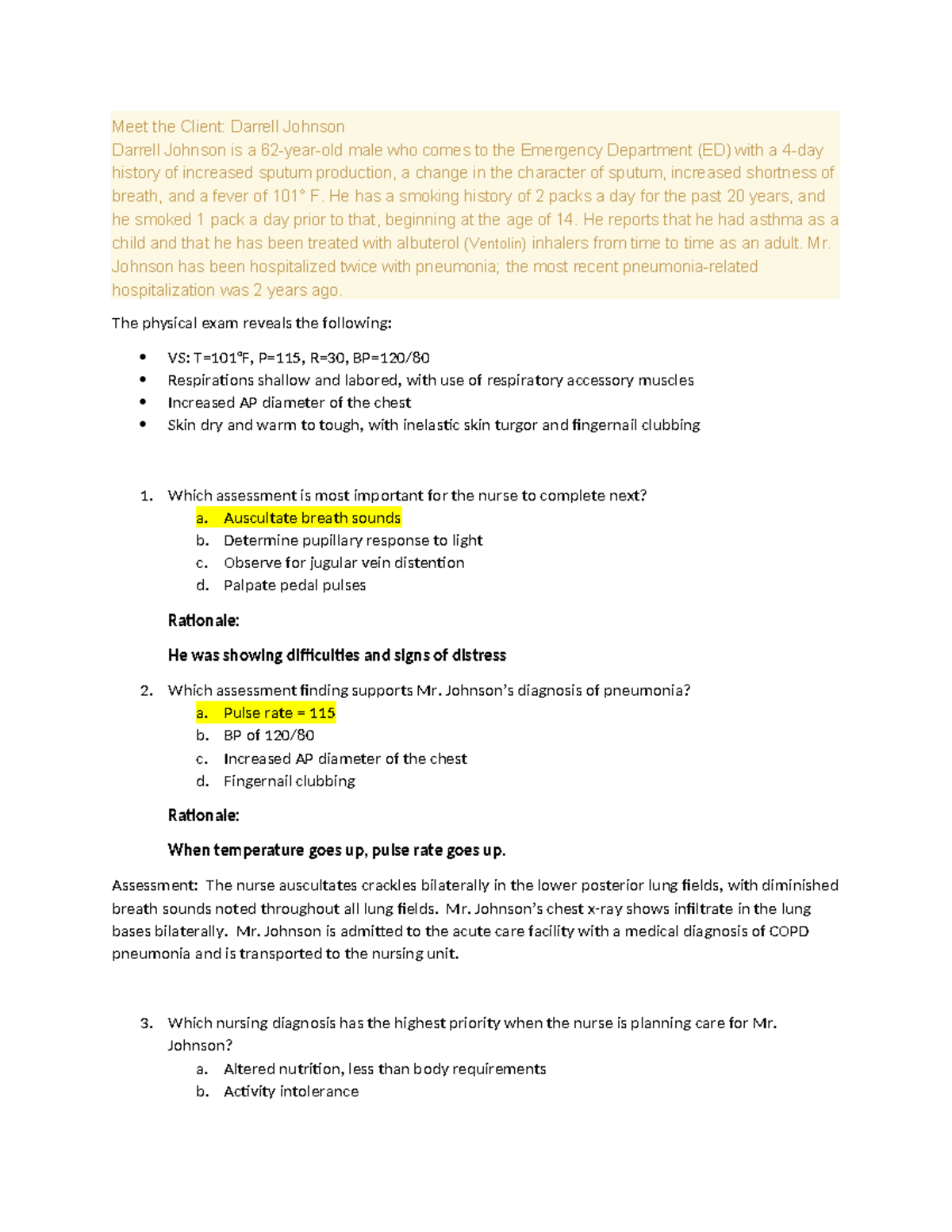 Week 4 Case Study: COPD with Pneumonia (Client: Darrell Johnson) - Studocu
