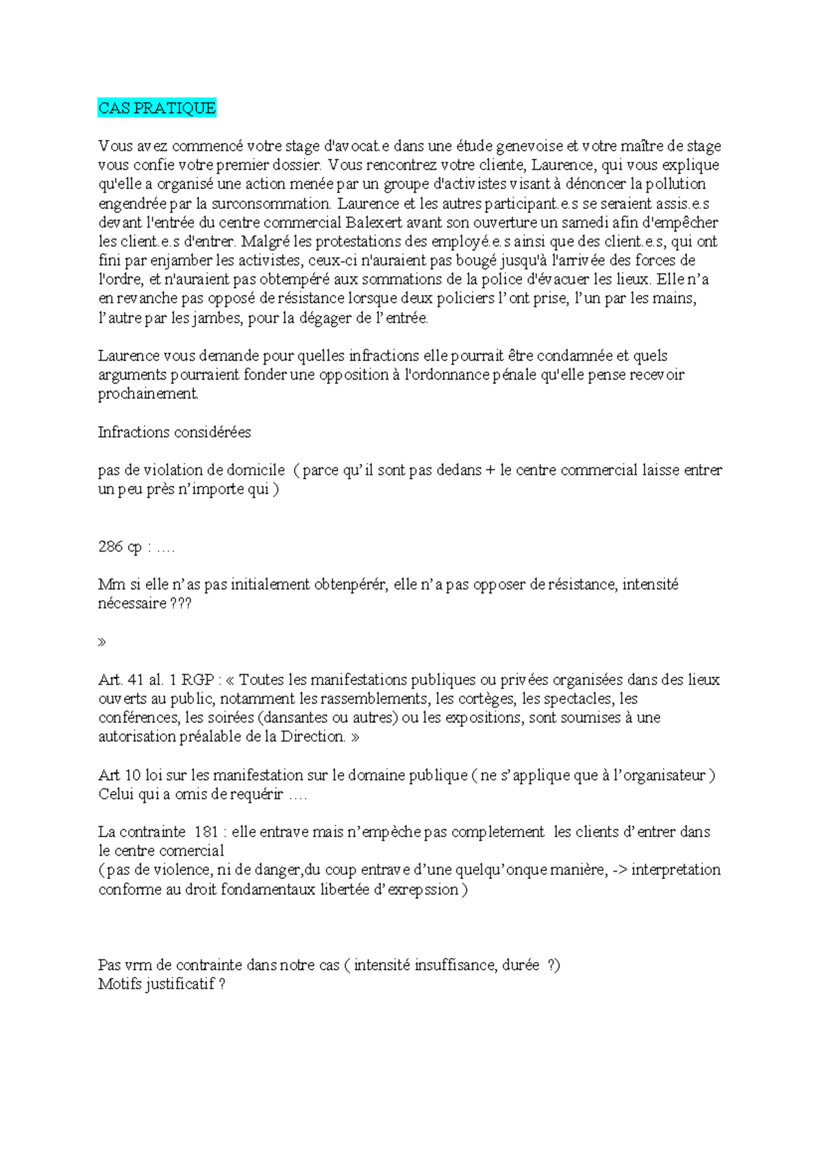 CAS Pratique Droit Pénal Spécial: Analyse d'une Manifestation à Genève ...