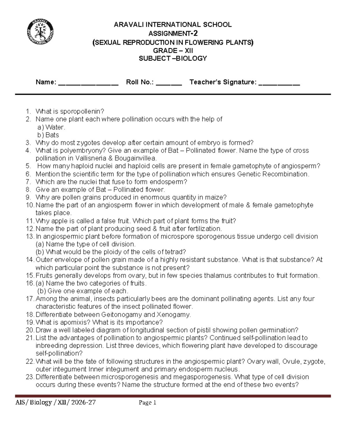Grade XII Biology: Sexual Reproduction in Flowering Plants Notes - Studocu