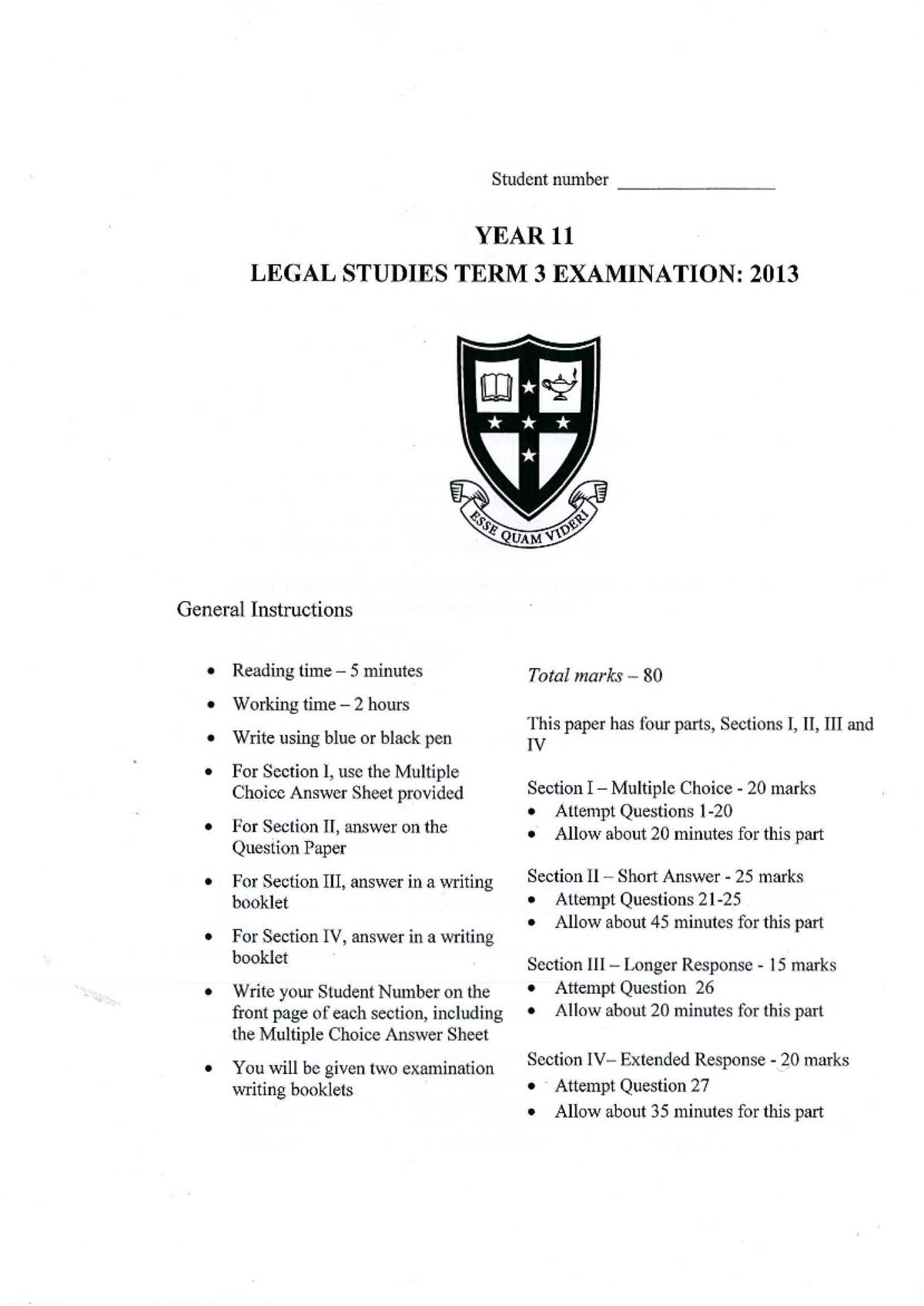 Cranbrook 2013 Legal Studies Year 11 Term 3 Exam Paper - Studocu