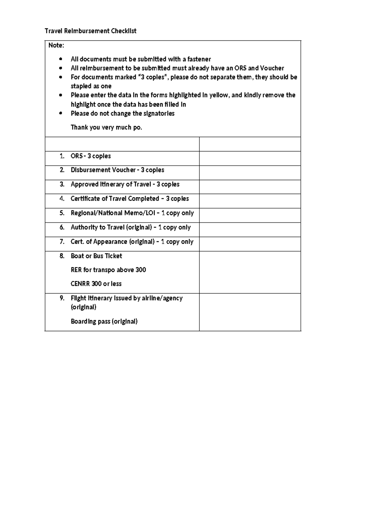 Travel Reimbursement Checklist for Submission - Studocu