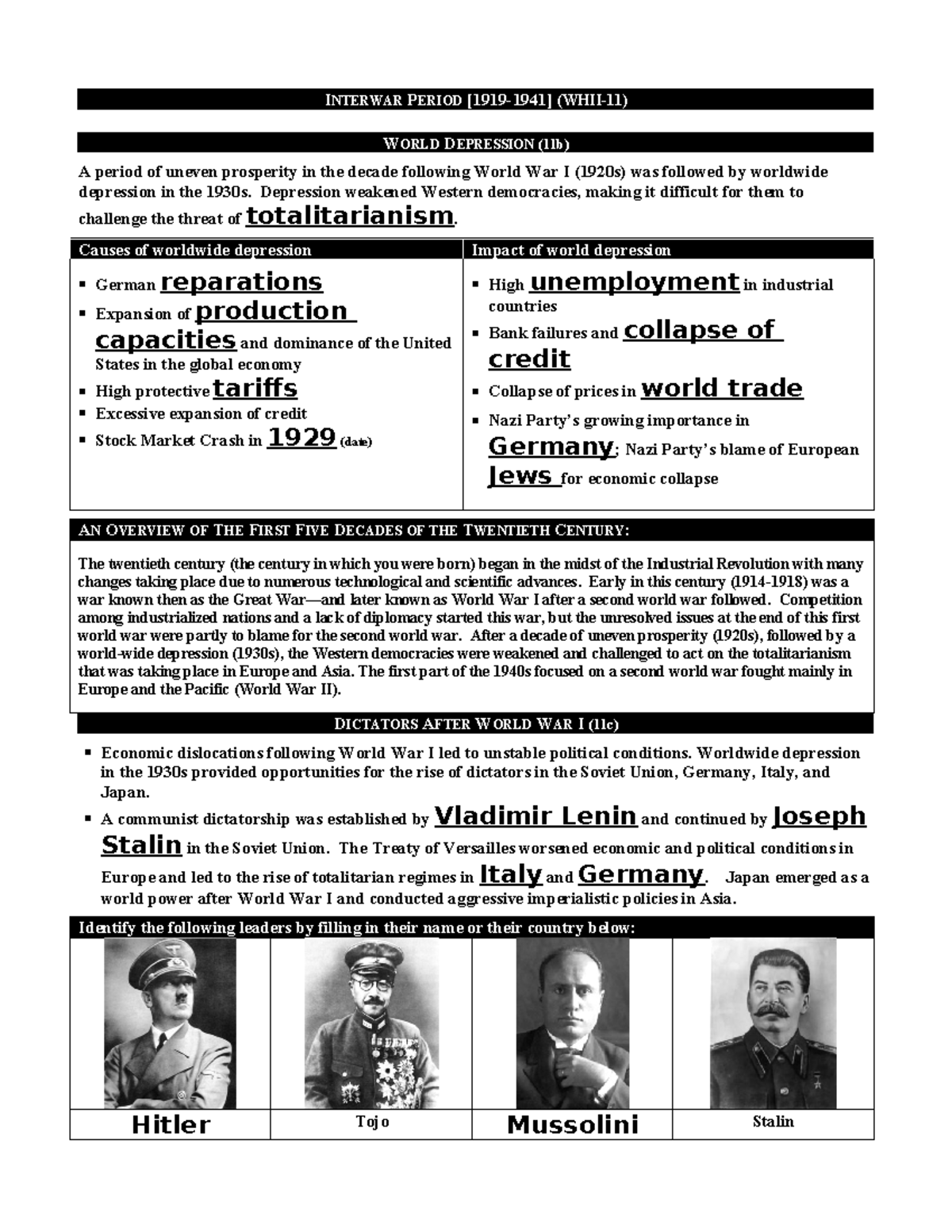 Unit 11 Review Guide Key - INTERWAR PERIOD [1919-1941] (WHII-11) WORLD ...