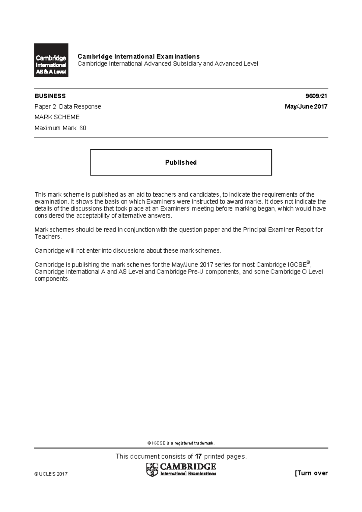 Cambridge International A Level Business Paper 2 Data Response Mark ...