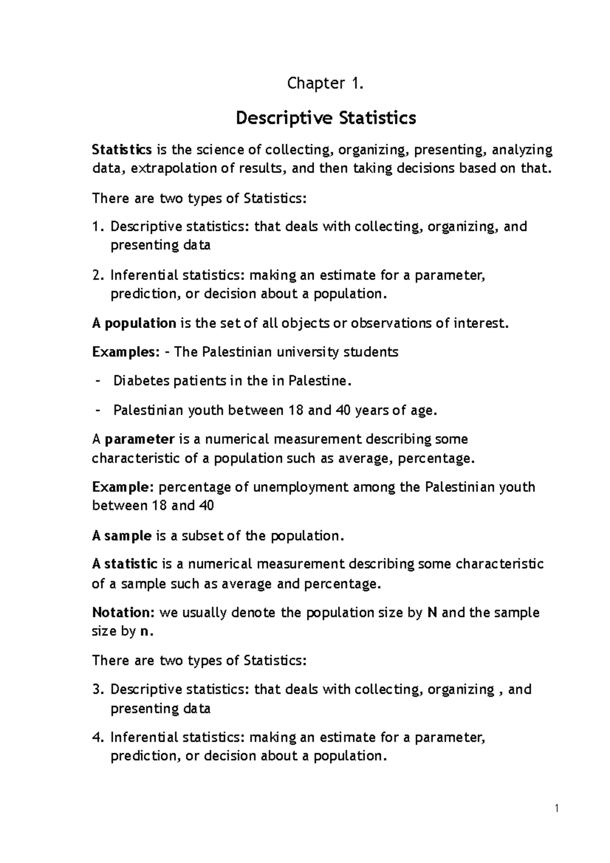 Statistics Chapter 1 - Lecture notes 1-3 - Chapter 1. Descriptive ...