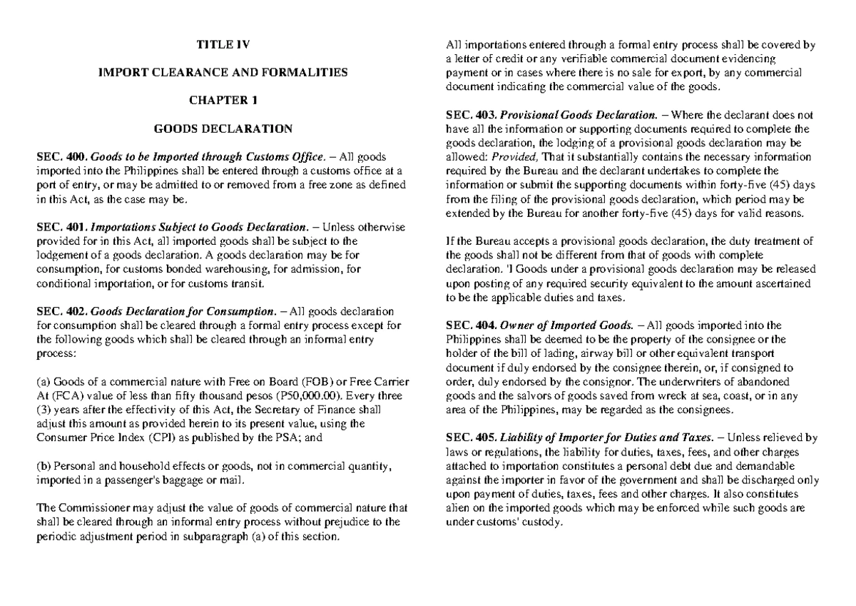 CMTA 400 440 2 - Import Clearance and Goods Declaration Notes - Studocu